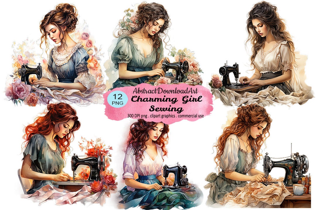 Charming Girl Sewing Clipart Lady Cutting Fabric Sewing - Etsy