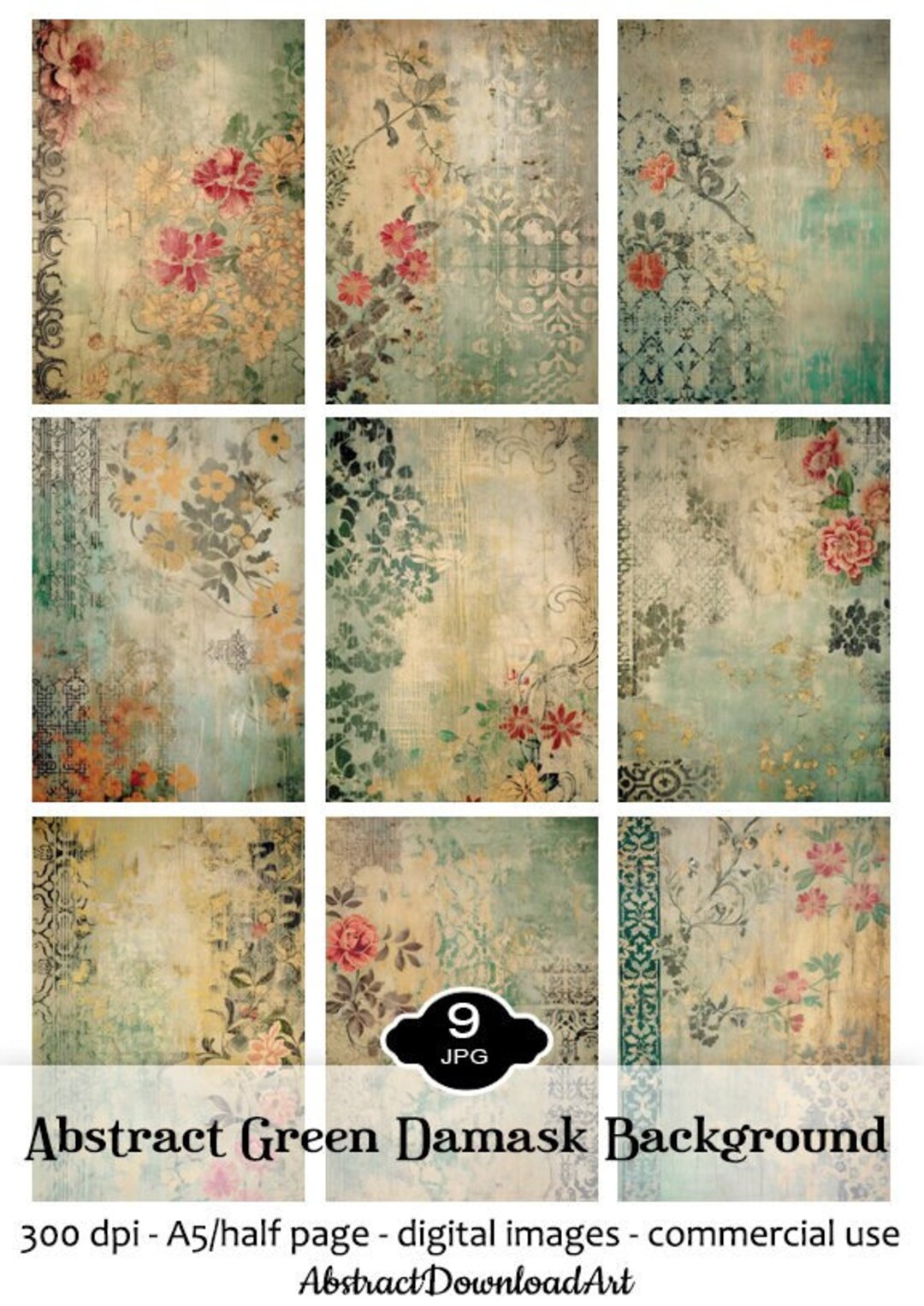 Abstract Green Damask Background Digital Papers Junk Journal Decoupage ...