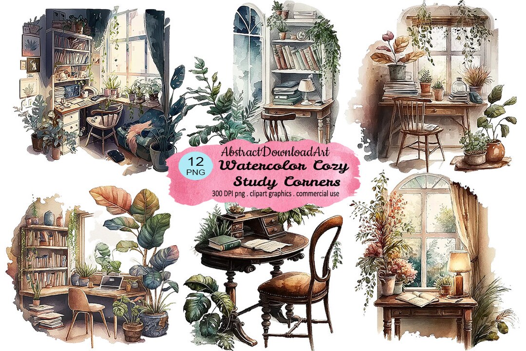 Cozy Study Corners Clipart Peaceful Working and Studying Desk Digital ...