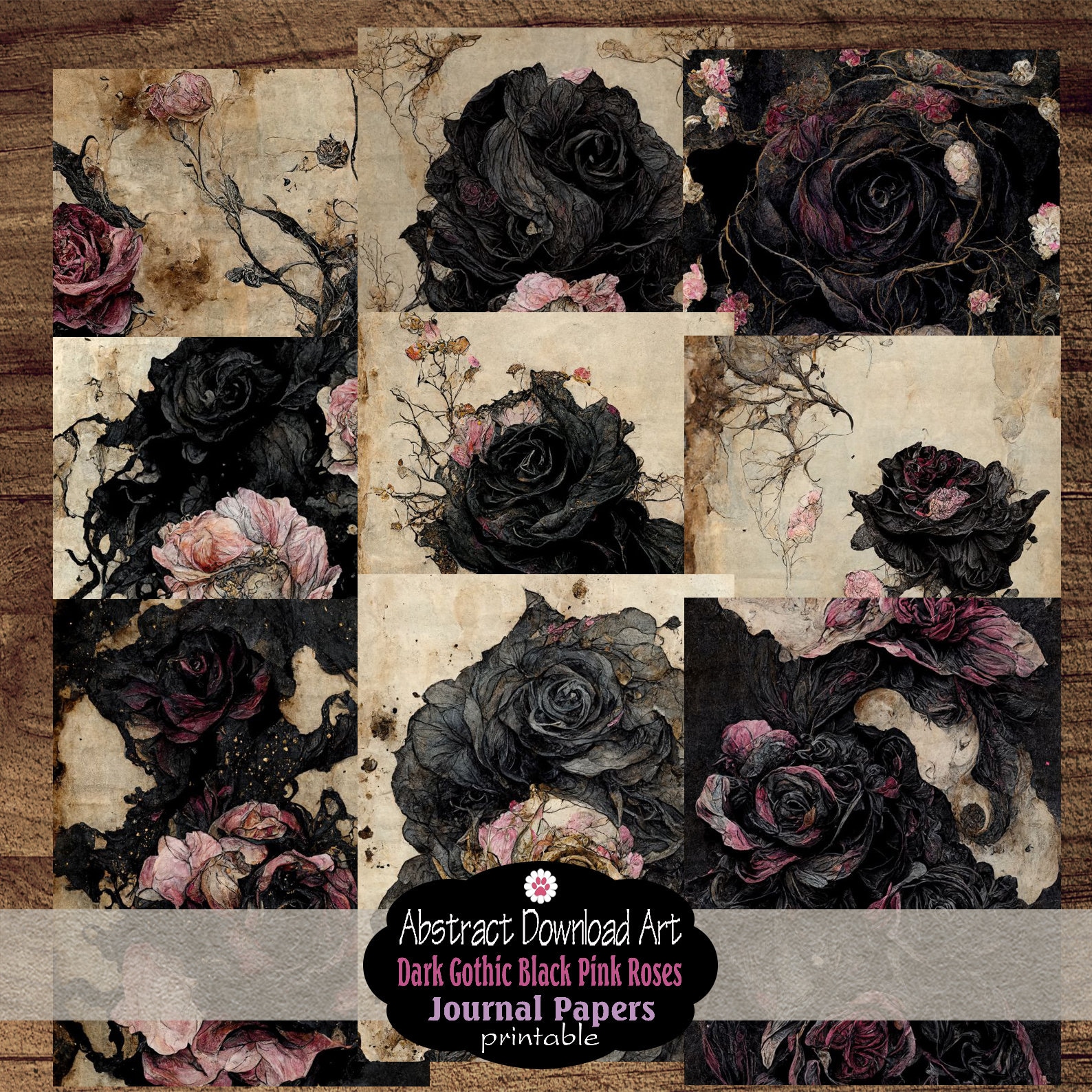 Dark Gothic Black Pink Roses Junk Journal Papers Printable - Etsy