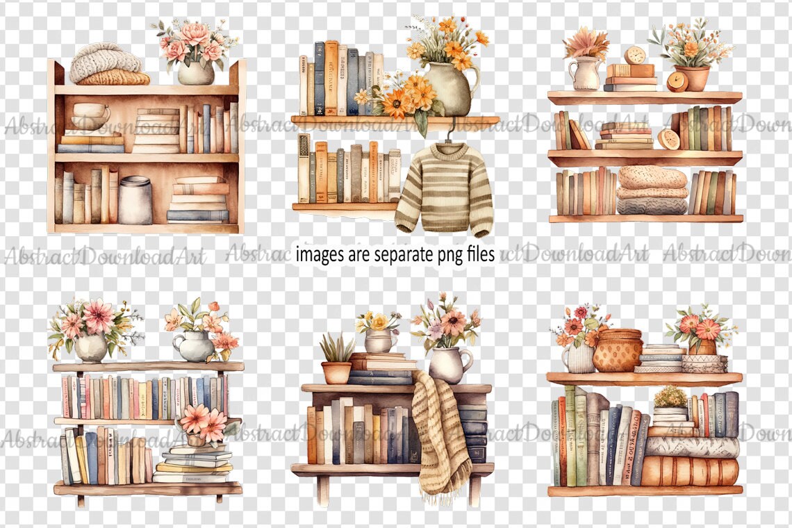 Cozy Bookshelf Clipart Reading Corner Floral Bookcase - Etsy