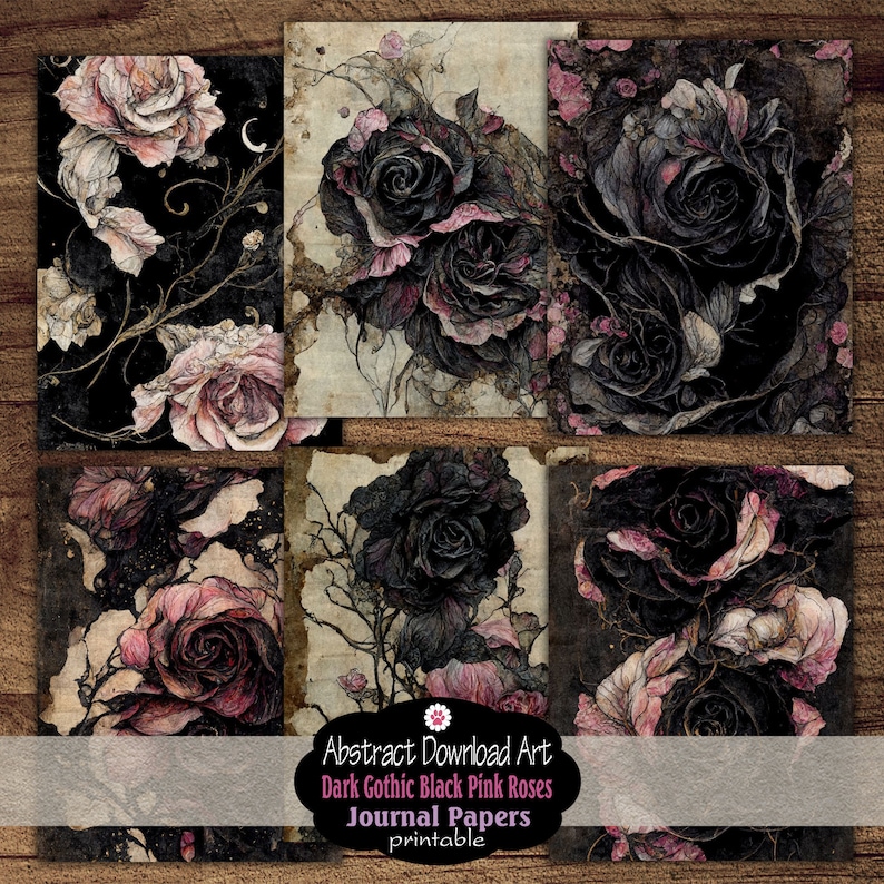 Dark Gothic Black Pink Roses Junk Journal Papers Printable - Etsy