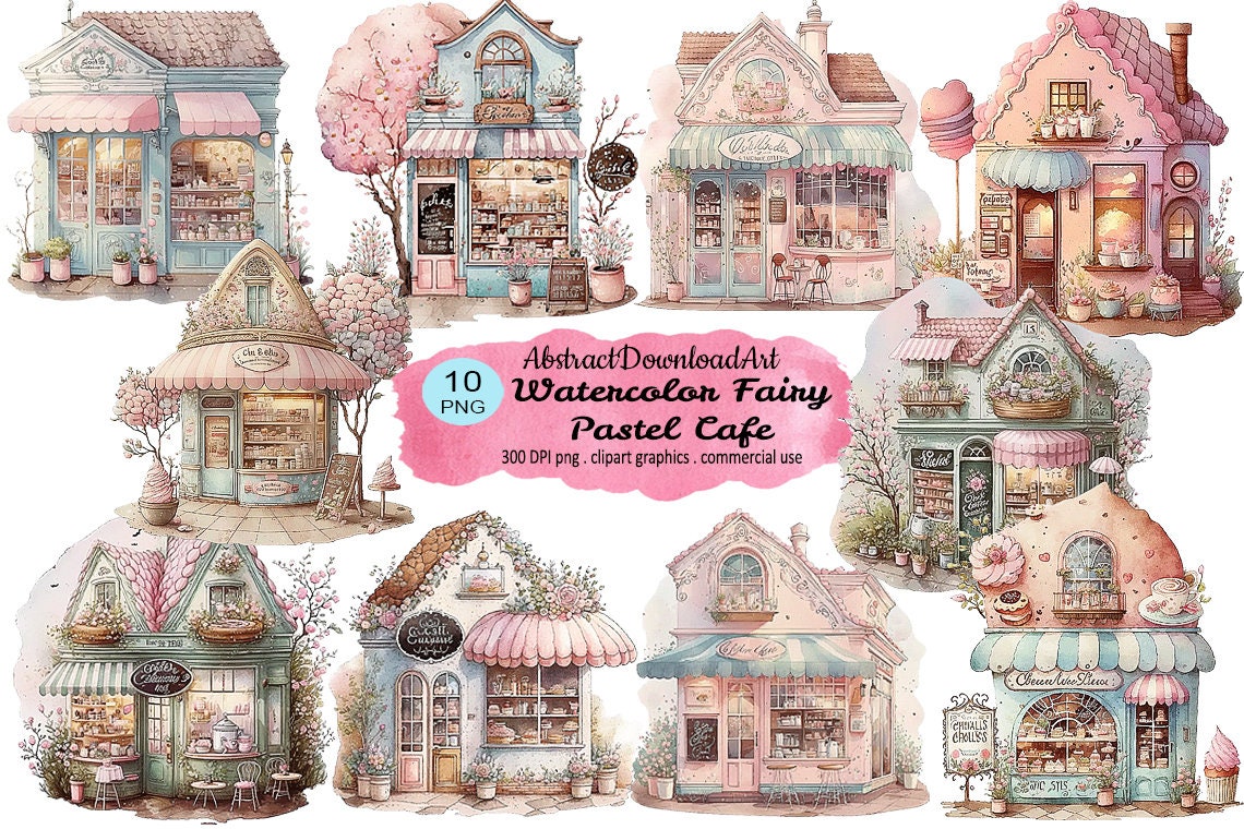 Fairy Pastel Cafe Clipart Cute Morning Coffee Shop Digital Watercolor ...
