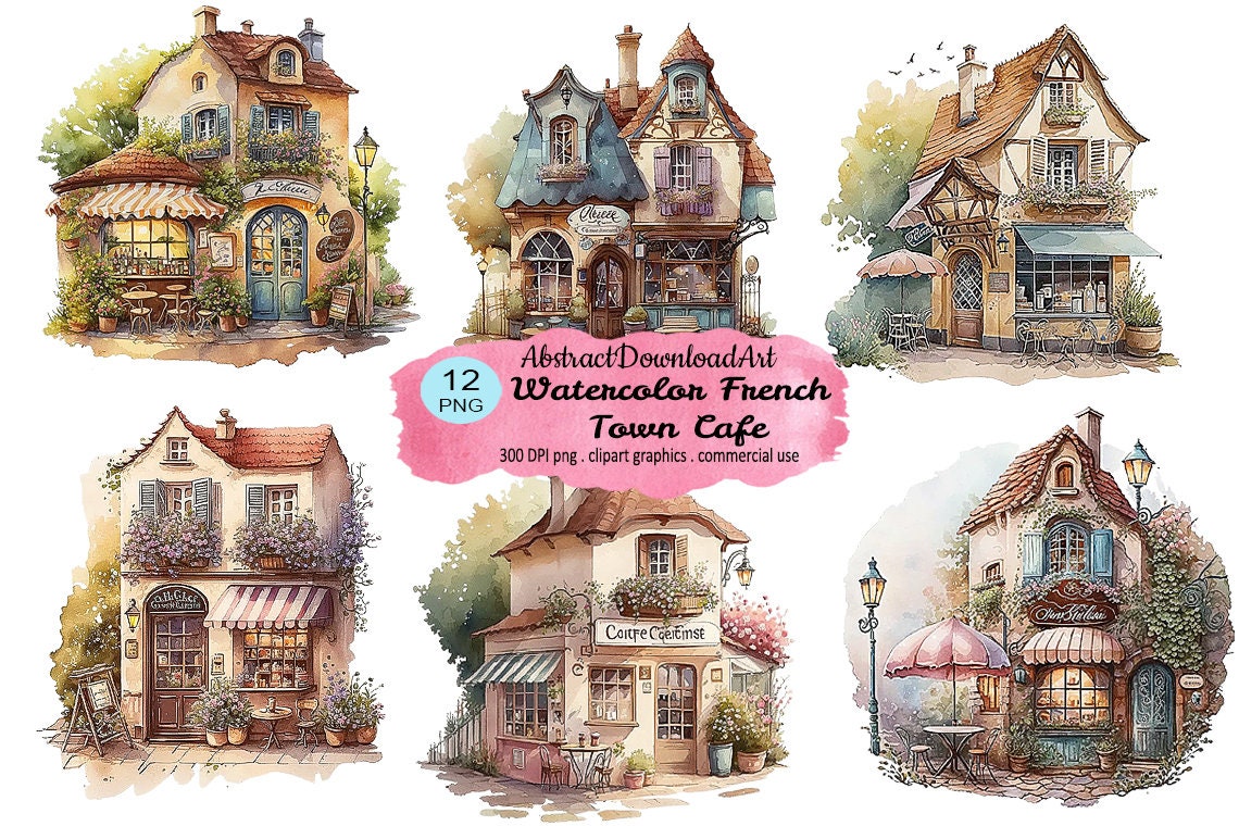 French Town Cafe Clipart Morning Europe Coffee Shop Digital Watercolor ...