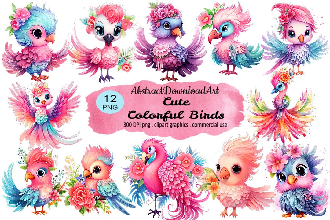 Cute Colorful Birds Clipart Rainbow Peacock Pink Parrot Digital ...