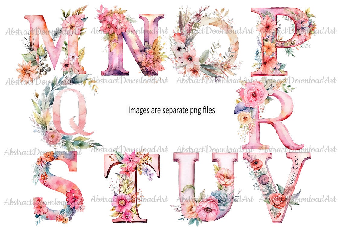 Wild Flowers Alphabet Clipart Cute Pink English Alphabet - Etsy