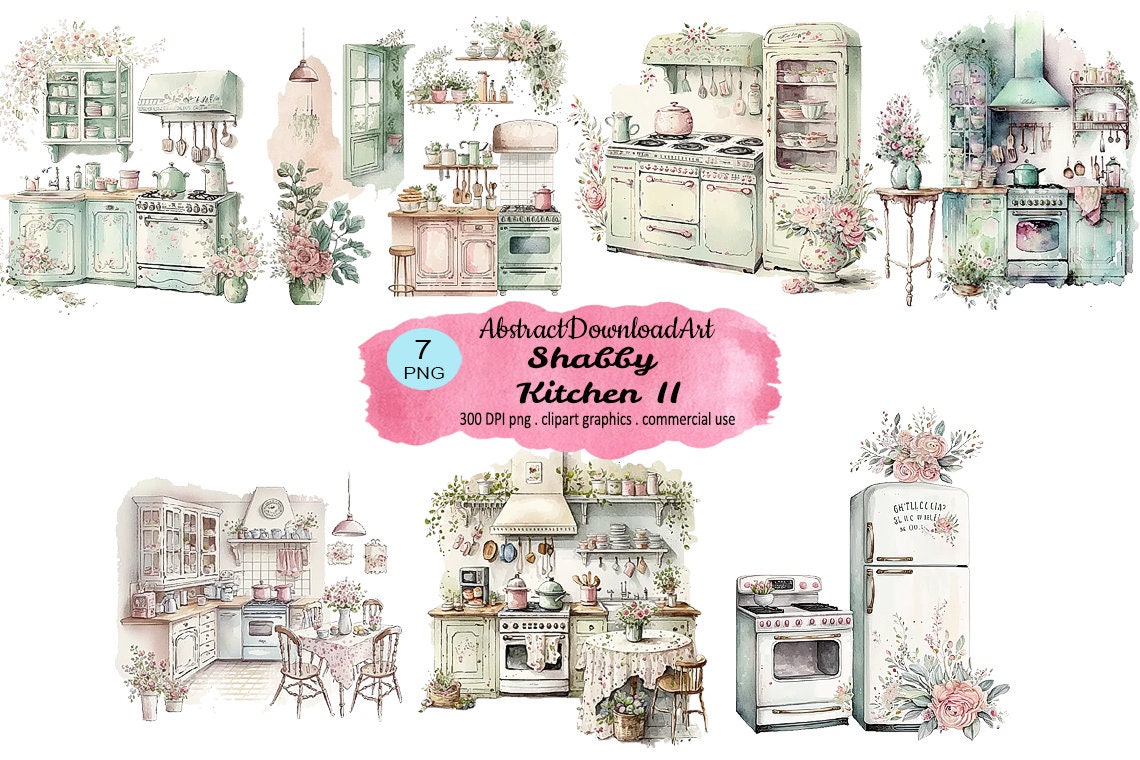 Shabby Kitchen II Clipart Cute Cozy Cooking Place Digital Watercolor ...