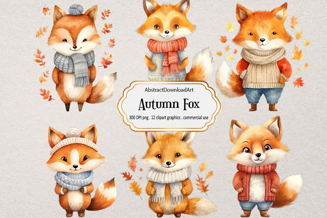 Autumn Fox Clipart, Animal With Autumn Scarf Watercolor Clip Art, Fall ...