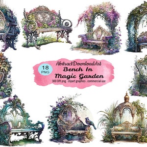 Bench in Magic Garden Clipart Overgrown Park Bench Digital - Etsy