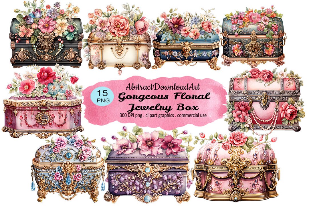 Gorgeous Floral Jewelry Box Clipart Luxury Accessories Storage Digital ...