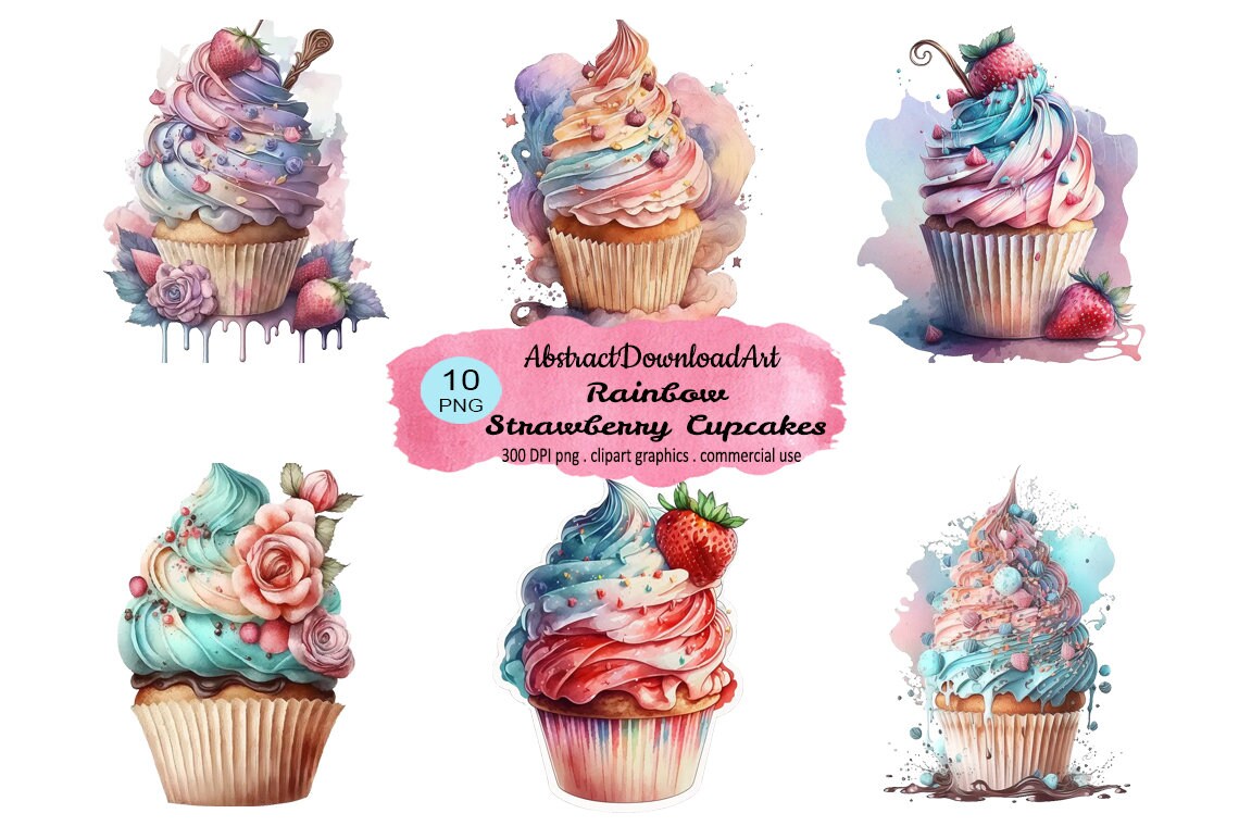 Rainbow Strawberry Cupcakes Clipart Digital Watercolor - Etsy