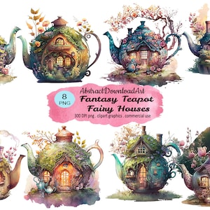 Fantasy Teapot Fairy Houses Clipart, Digital Watercolor Prints Png ...