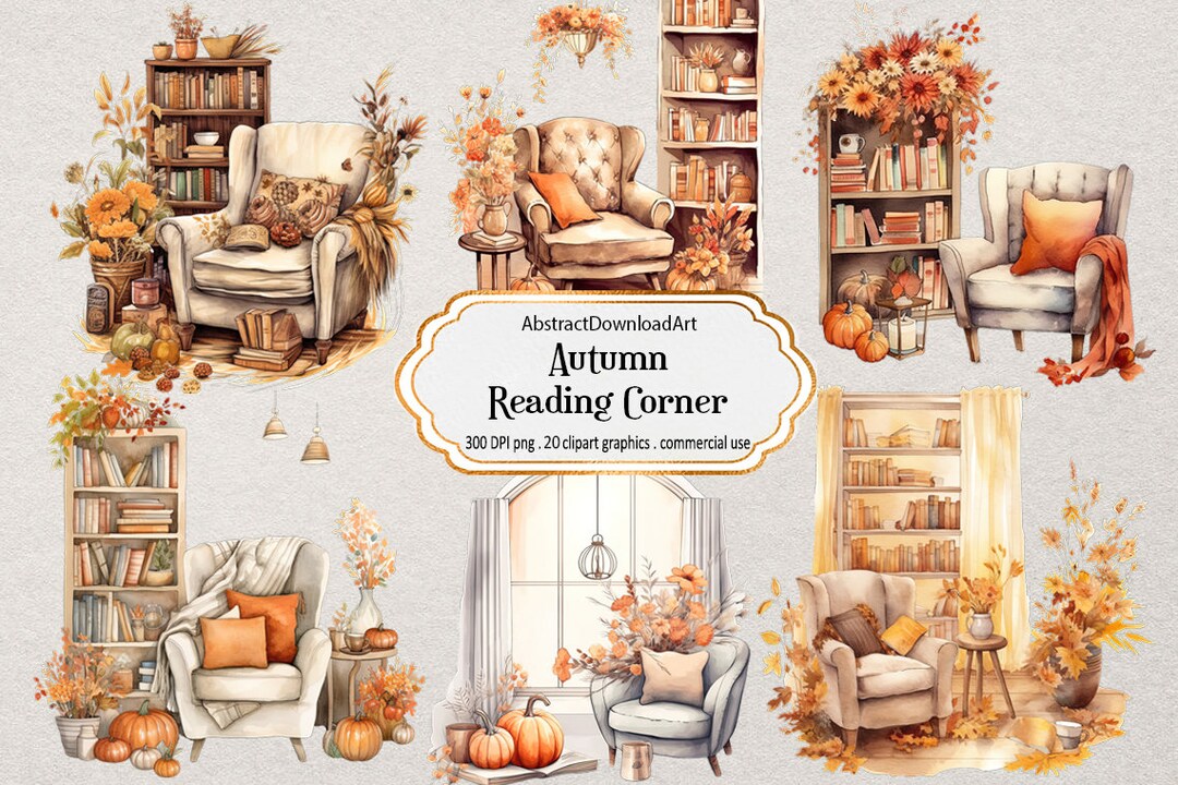 Autumn Reading Corner Clipart Fall Window Bookshelf Digital - Etsy