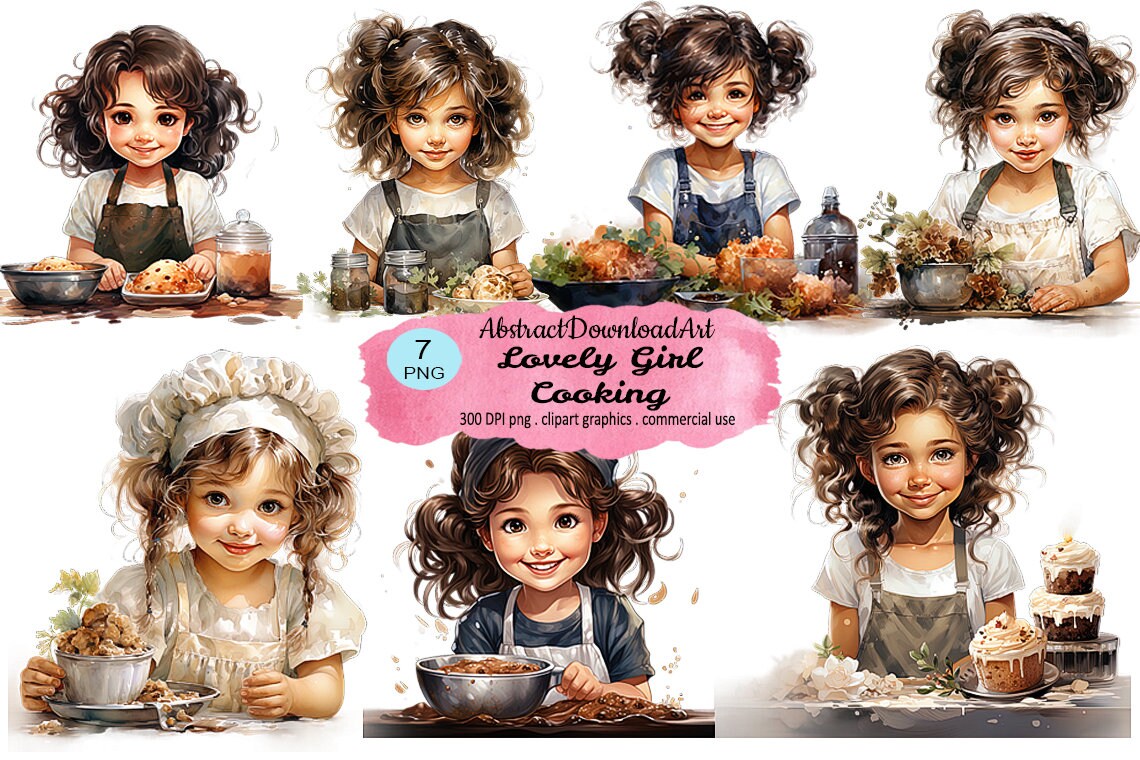 Lovely Girl Cooking Clipart Kids With Food and Cooking - Etsy
