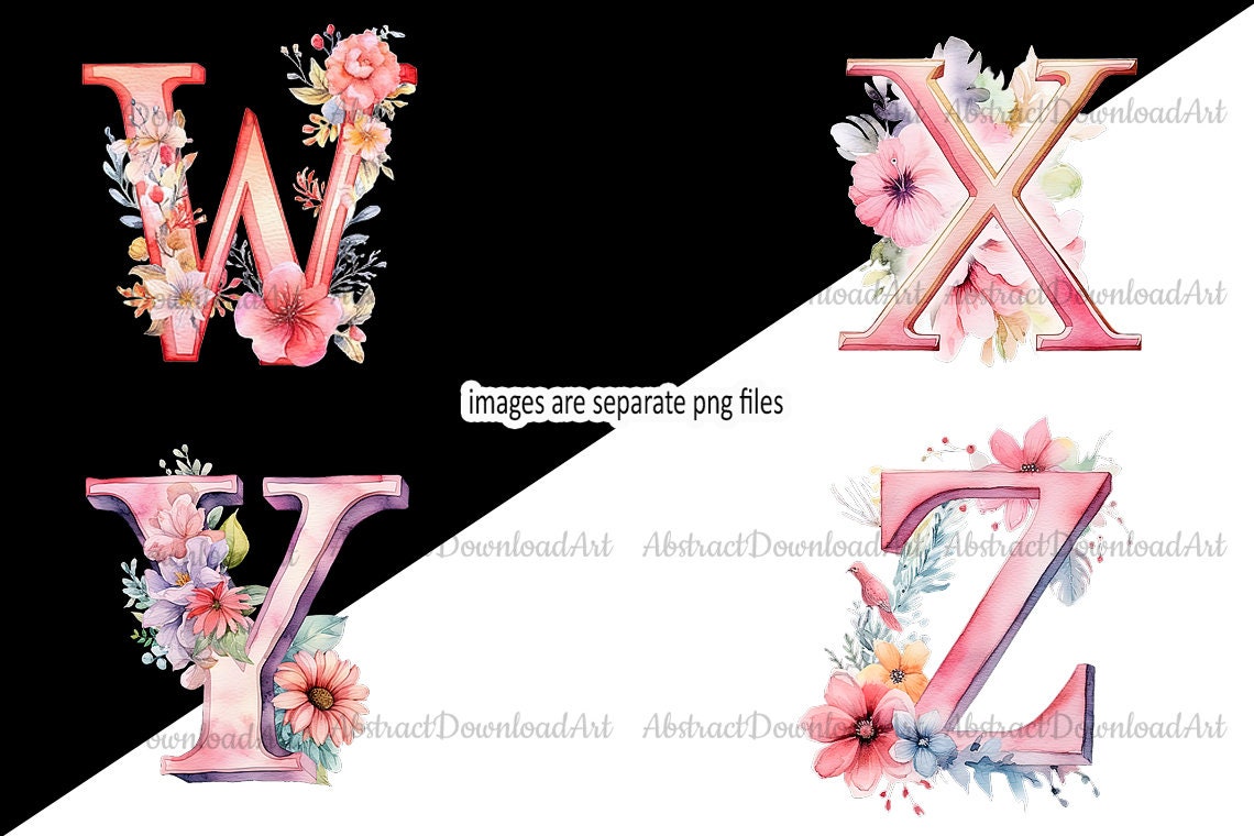 Wild Flowers Alphabet Clipart Cute Pink English Alphabet - Etsy