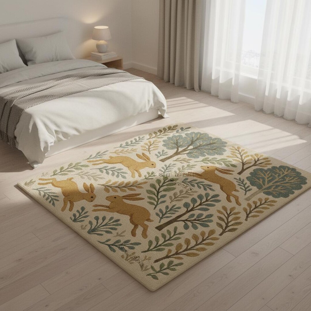 Hand-tufted Wool Rug, Beige Rabbit Design, Modern Nursery Carpet - Etsy