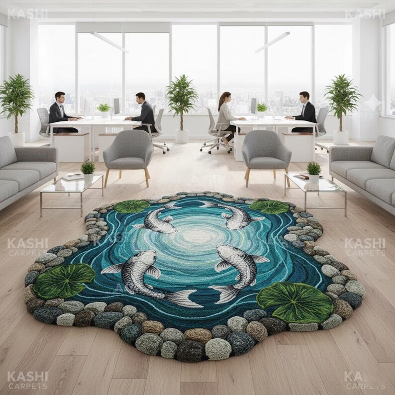 Koi Fish Pond Wool Rug, Irregular Hand Tufted Design - Etsy