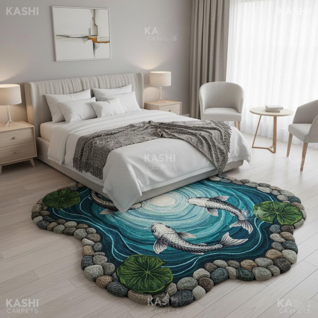 Koi Fish Pond Wool Rug, Irregular Hand Tufted Design - Etsy