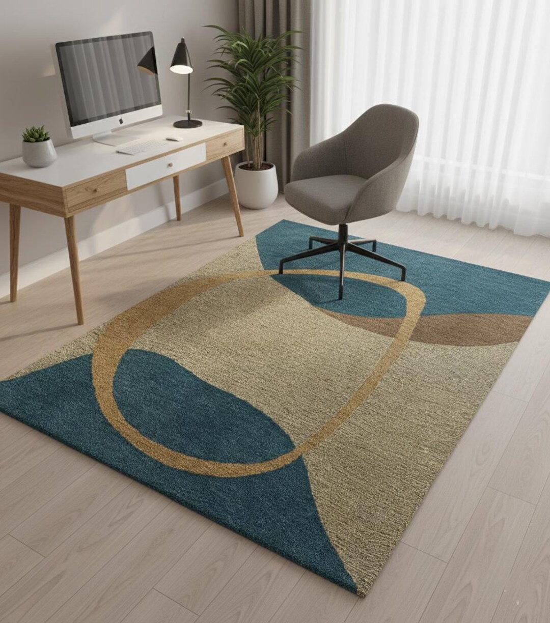 Modern Desk Area Rug, Blue and Neutral Low Pile Rug for Home Office ...