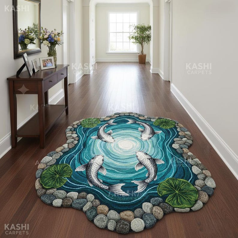 Koi Fish Pond Wool Rug, Irregular Hand Tufted Design - Etsy
