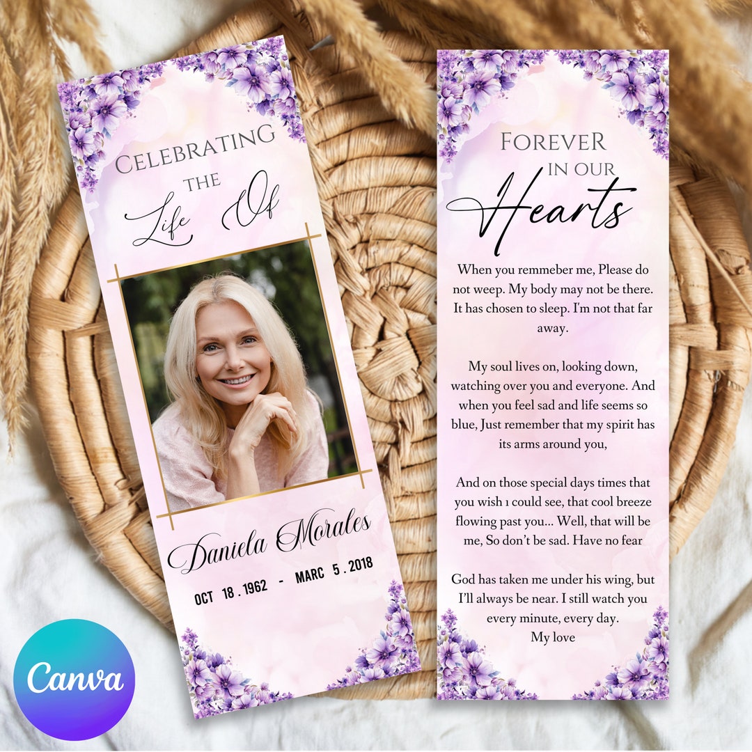 Purple Funeral Bookmark Template, Floral Bookmark Template , Editable ...