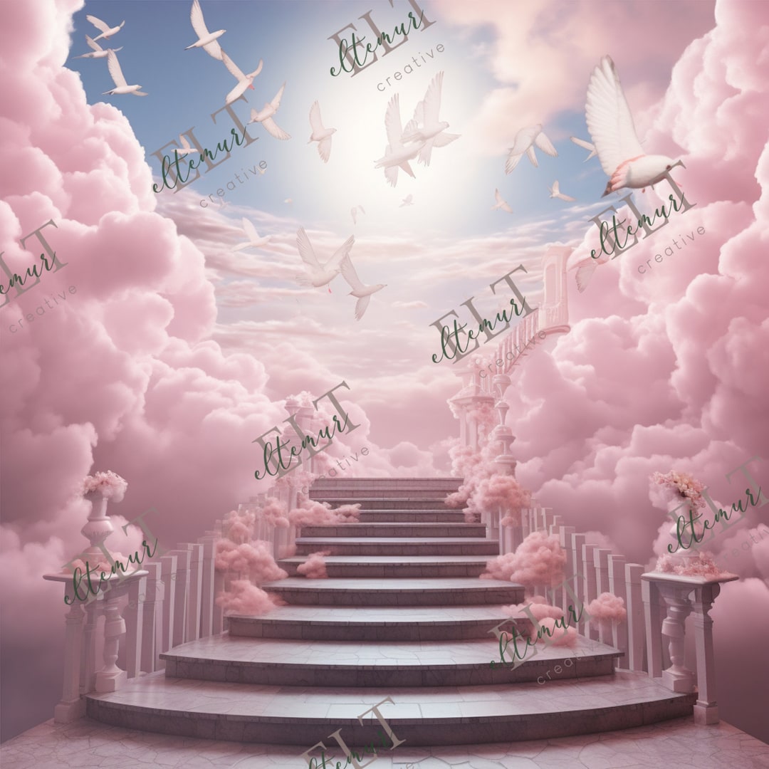 Pink Heaven Sky and Stairs to Heaven, in Loving Memory PNG, Memorial Background EDITABLE ...