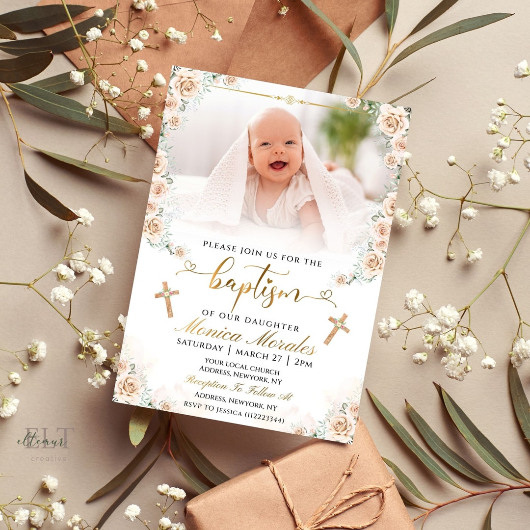 Floral Baptism Invitation Card Template, Pink Rose Simple Photo Baptism ...