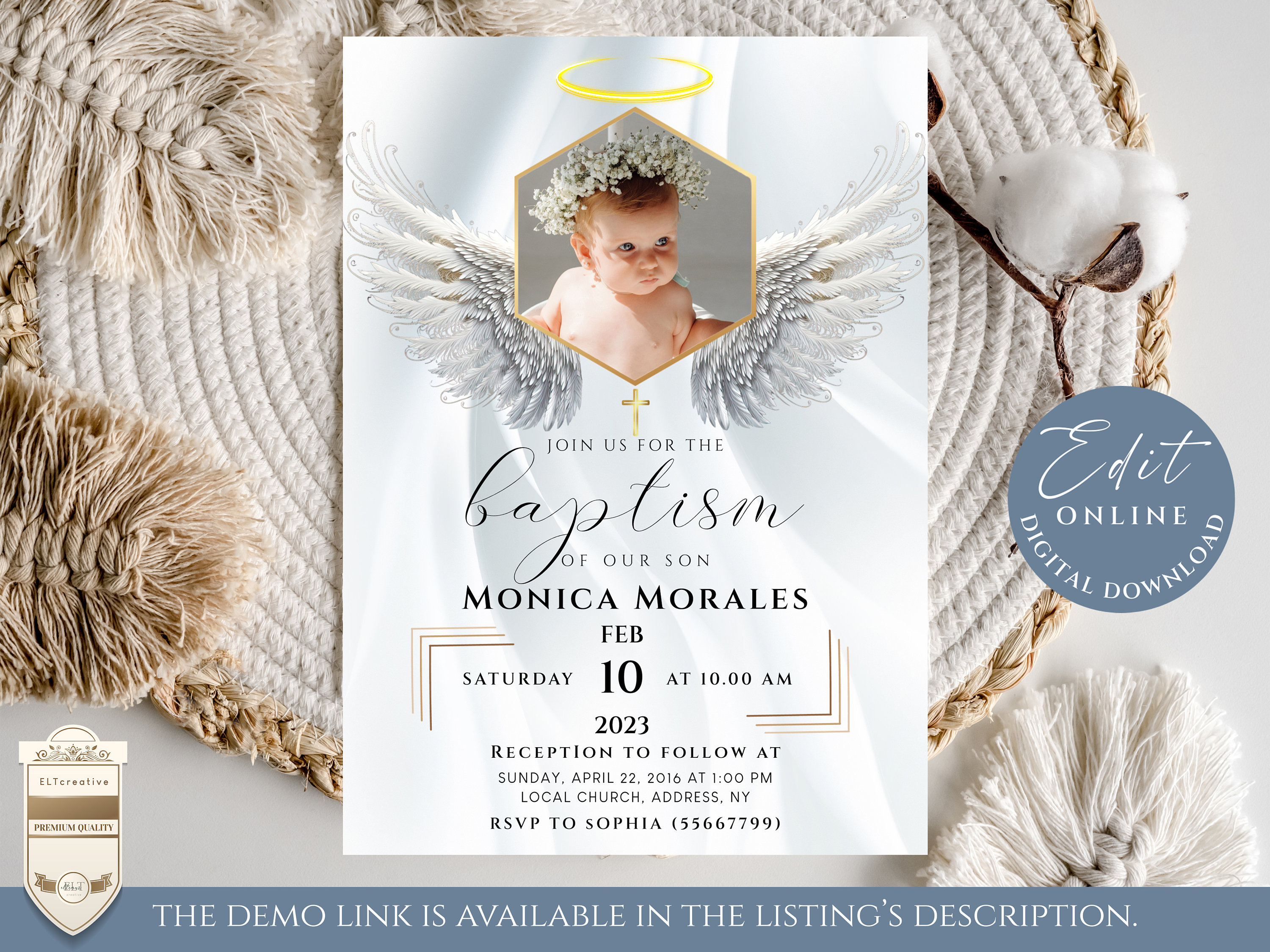 Baptism Editable Invitation, Angel Wings Simple Photo , Christening ...
