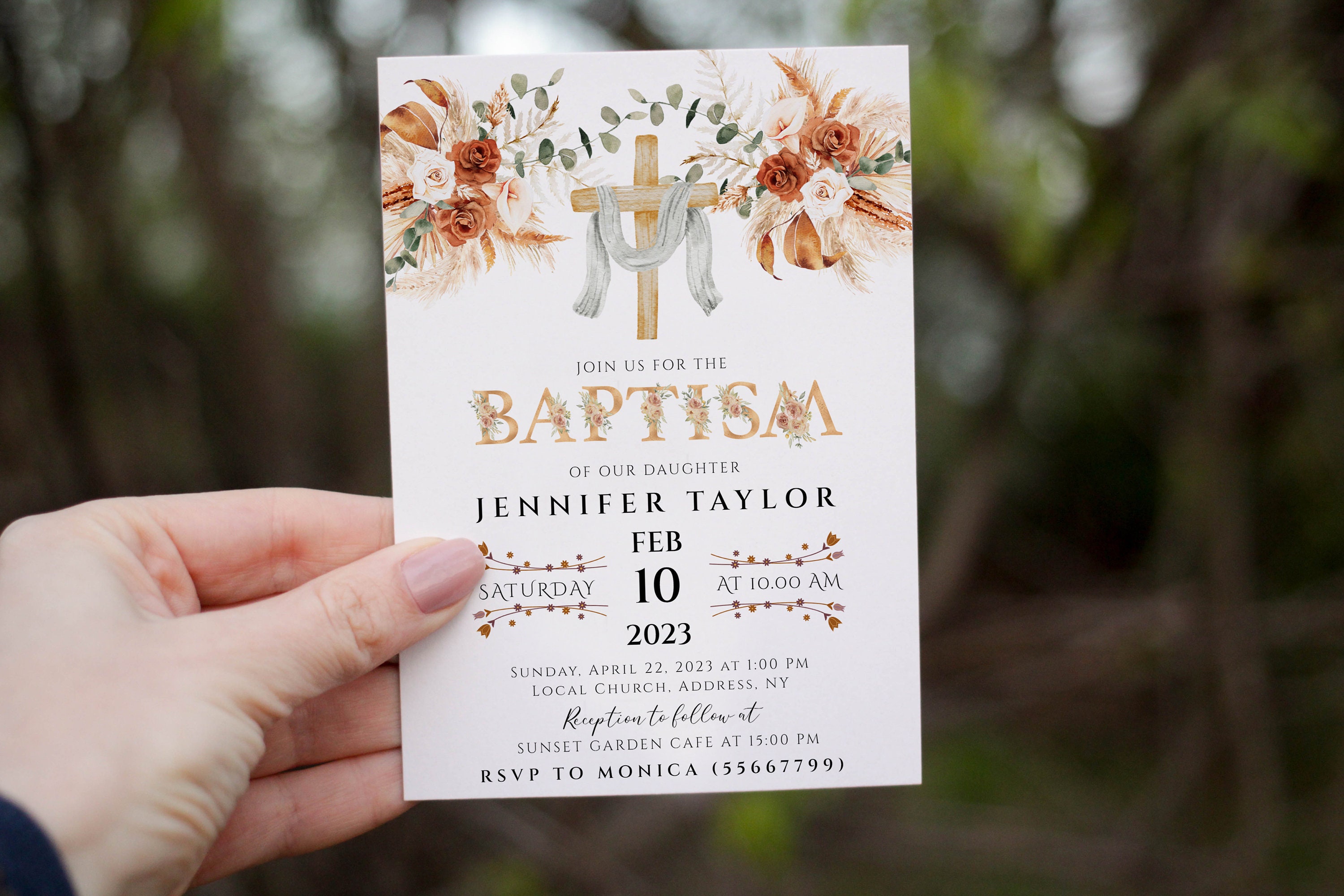 Modern Baptism Invitation Card Template, Floral Christening Invite ...