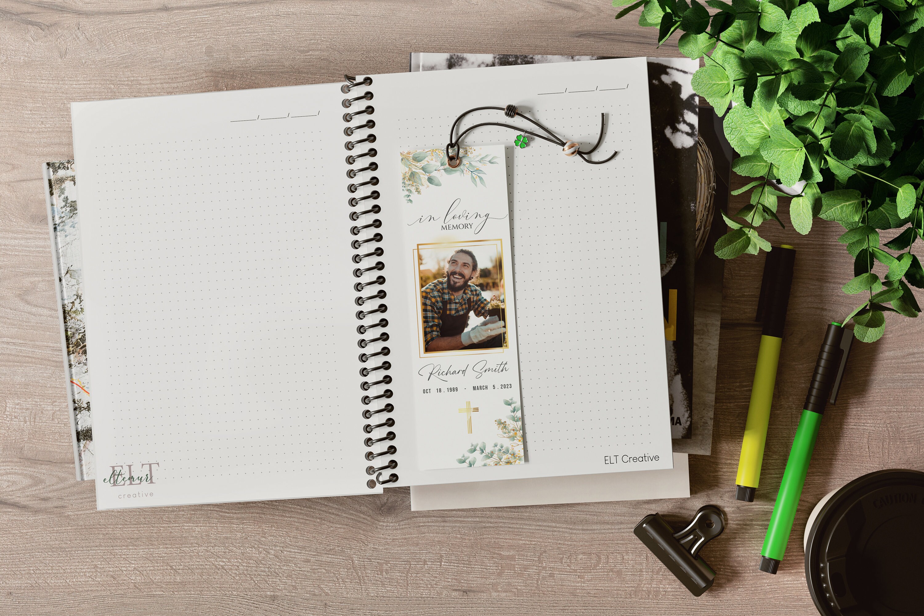 Greenery Funeral Bookmark Template. Simple Photo Funeral Bookmark ...
