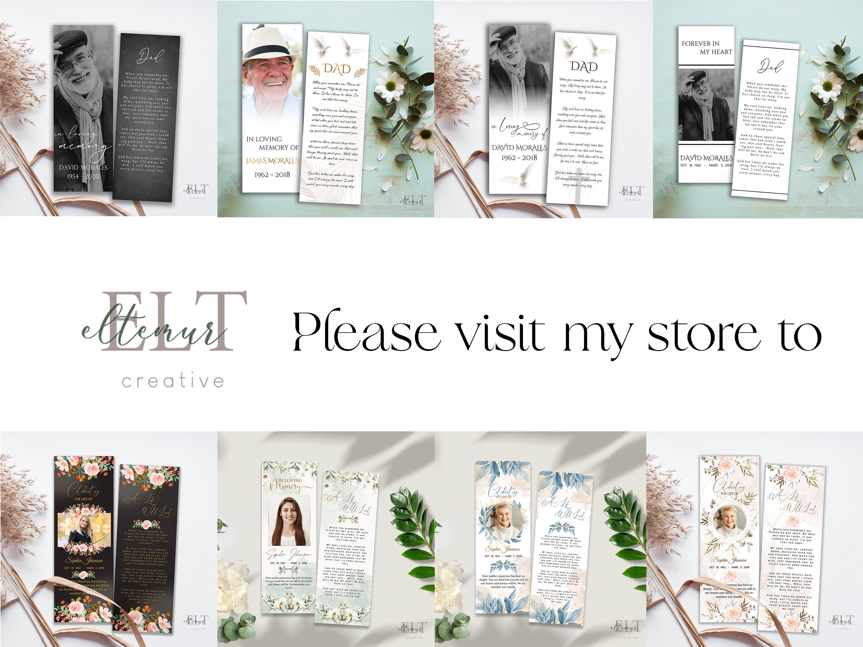 Greenery Funeral Bookmark Template. Simple Photo Funeral Bookmark ...