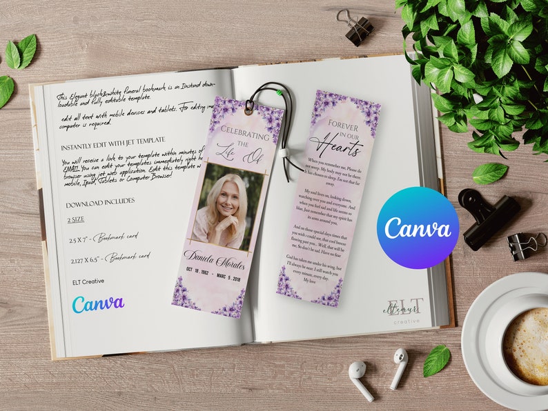 Purple Funeral Bookmark Template, Floral Bookmark Template , Editable ...