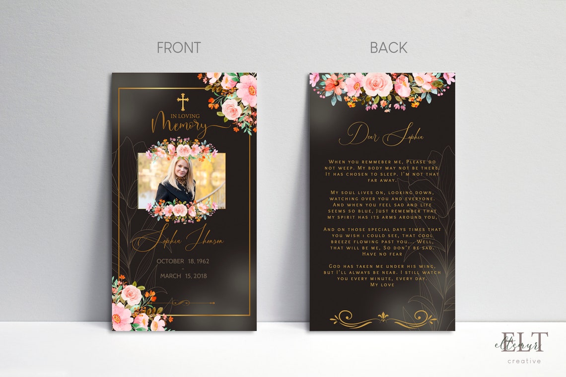 Funeral Prayer Card Template Black and Gold for Men Botanical - Etsy