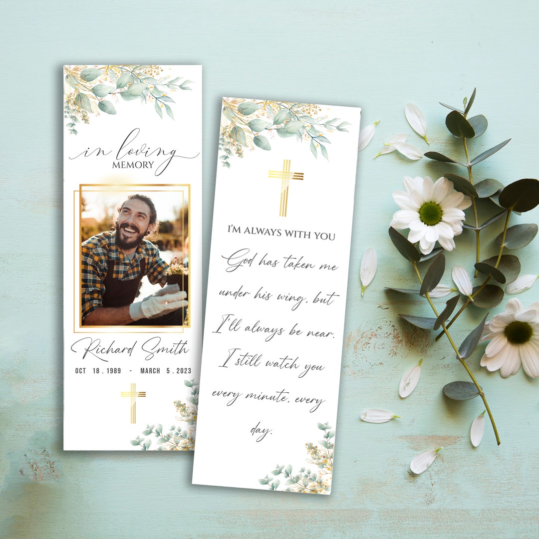 Greenery Funeral Bookmark Template. Simple Photo Funeral Bookmark ...