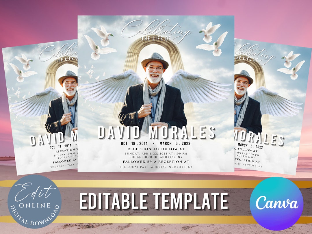 Angel Wings Funeral Invitation Template, Heaven Sky and White Angel ...