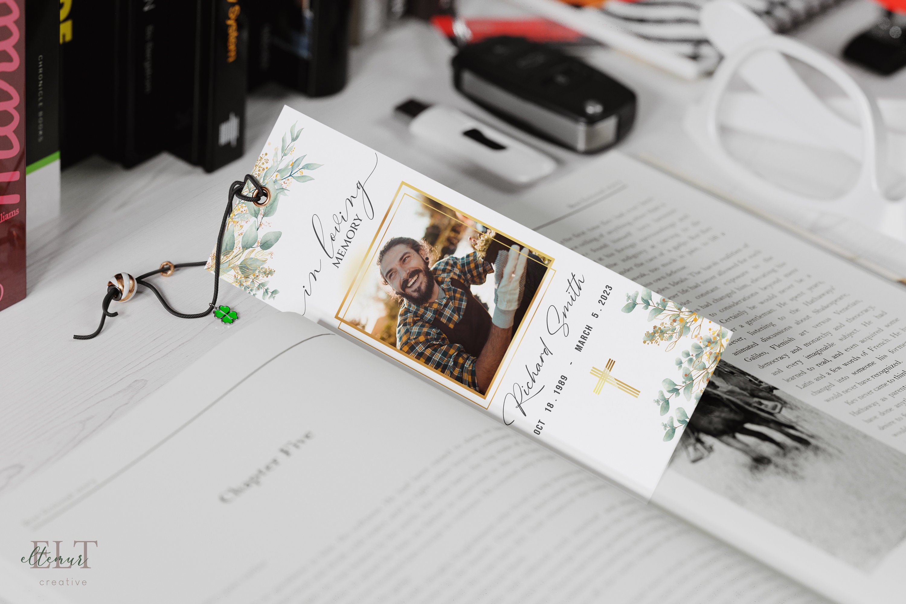 Greenery Funeral Bookmark Template. Simple Photo Funeral Bookmark ...