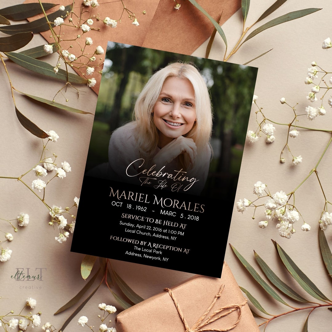 Black and Gold Funeral Invitation Template, Sipmle Photo Celebration of ...