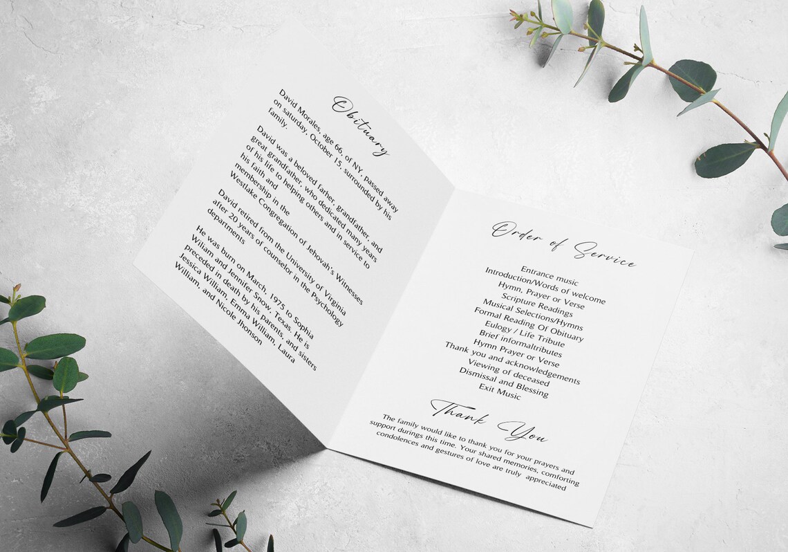 Foldable Funeral Program Template With Text and Photos on the Front ...