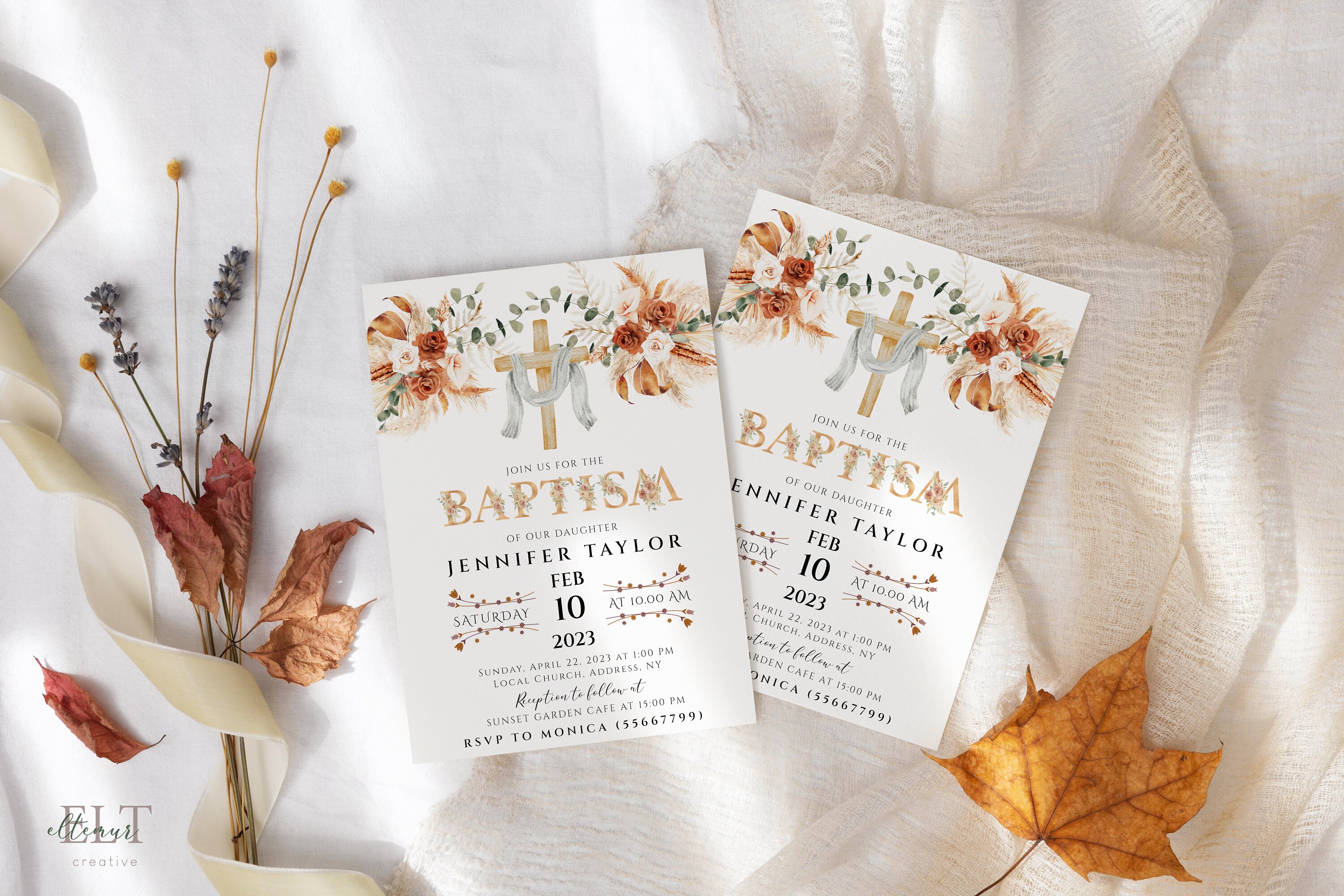 Modern Baptism Invitation Card Template, Floral Christening Invite ...