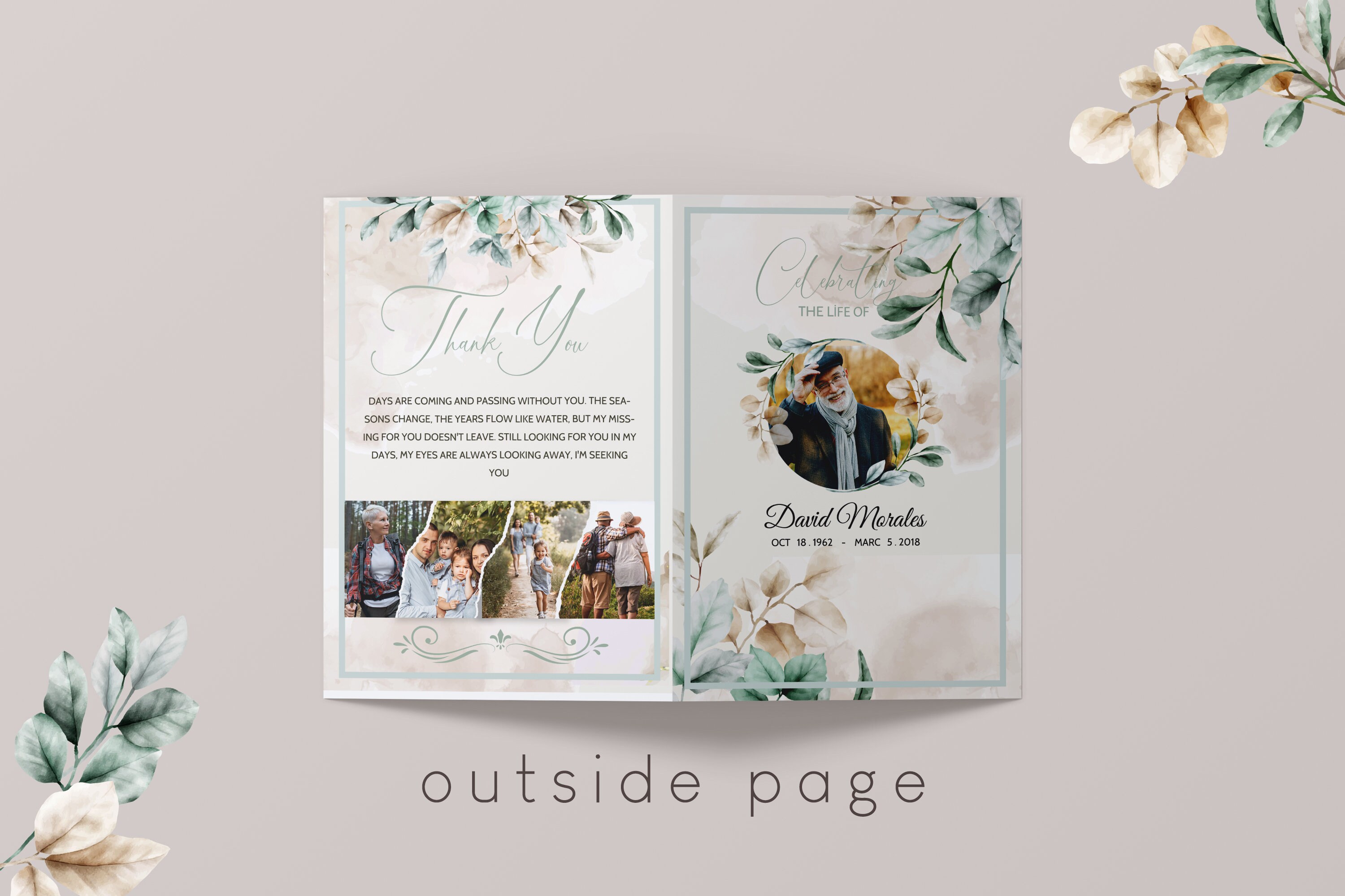 Bi Fold Greenery Funeral Thank You Program Template Editable - Etsy