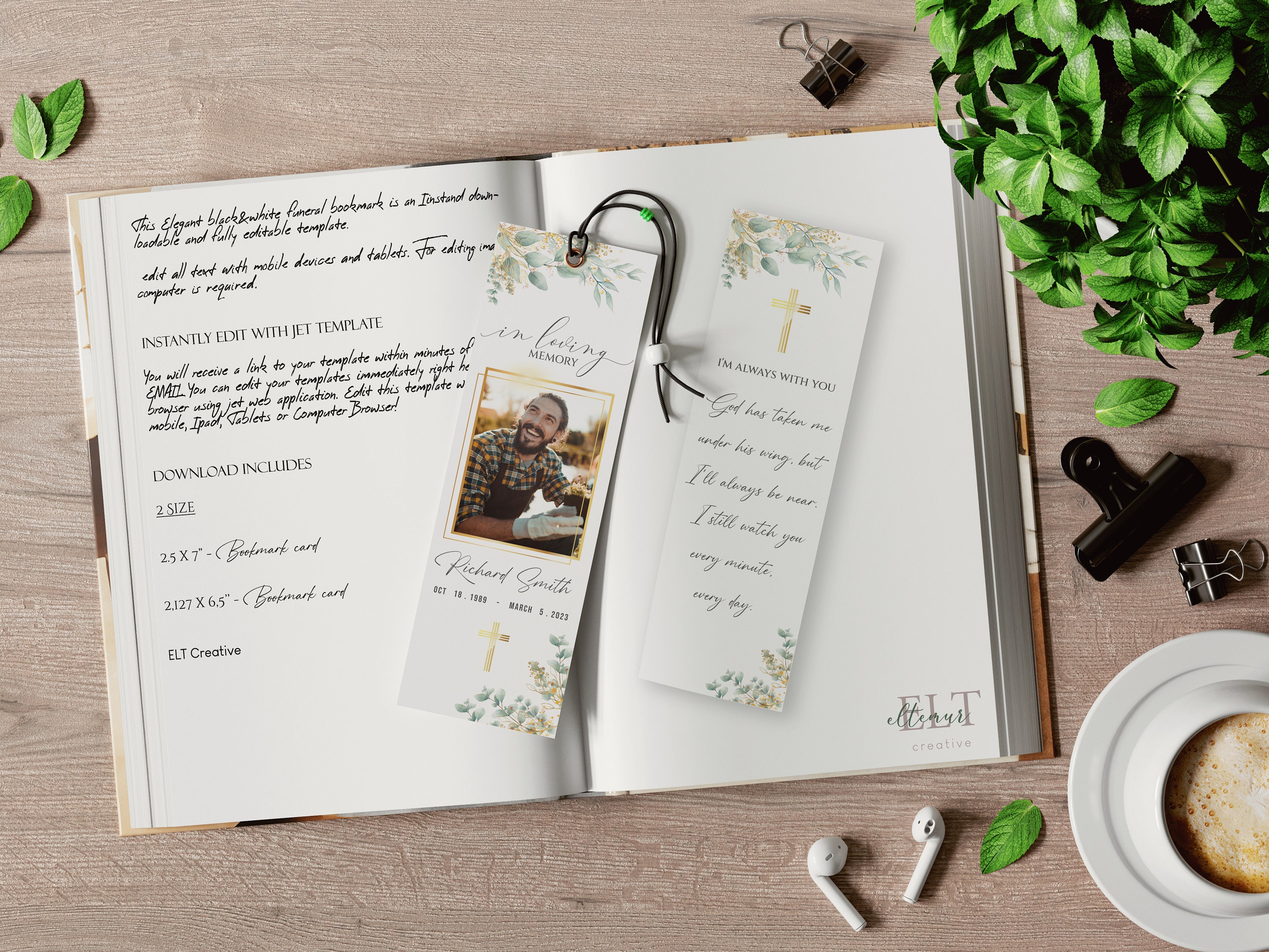 Greenery Funeral Bookmark Template. Simple Photo Funeral Bookmark ...