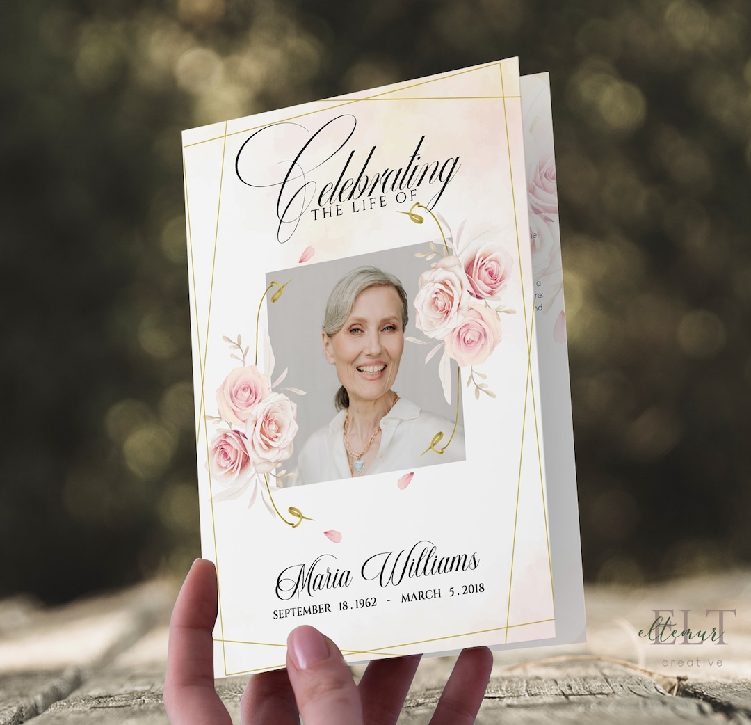 Pink Rose Funeral Program Template: Printable Memorial Service (CANVA ...