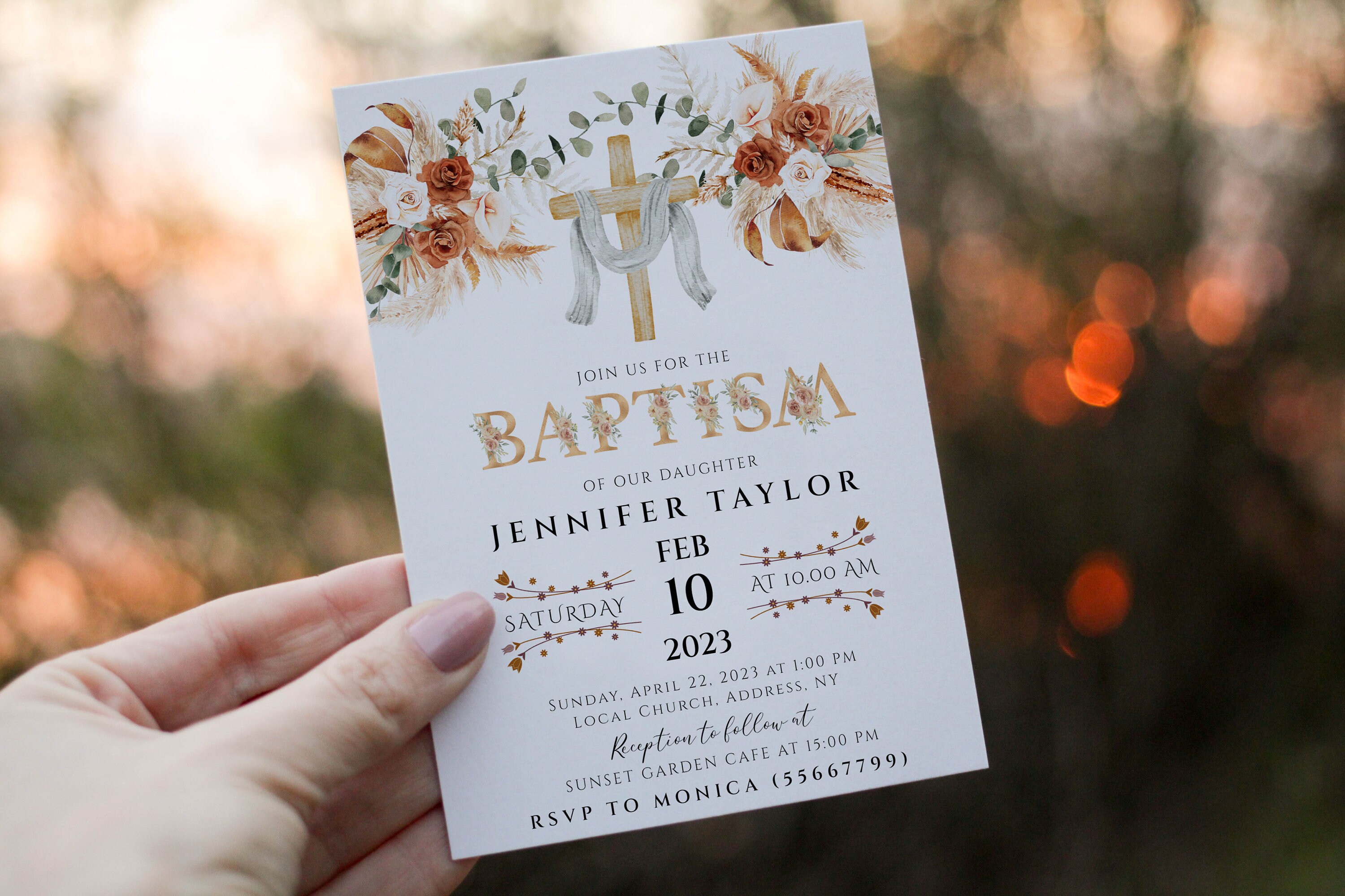 Modern Baptism Invitation Card Template, Floral Christening Invite ...