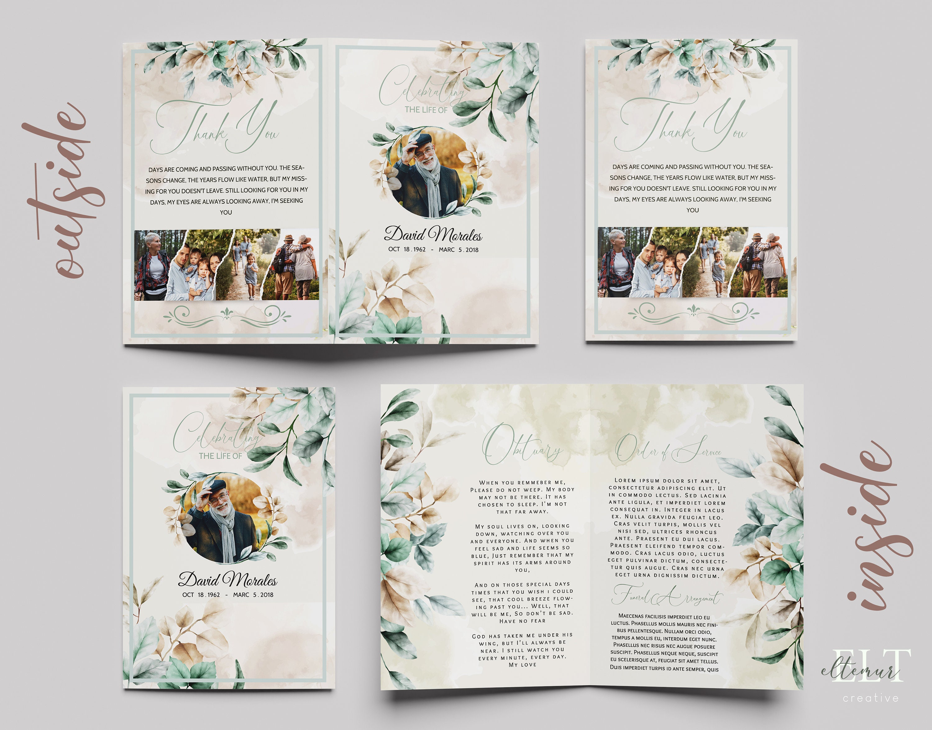 Bi Fold Greenery Funeral Thank You Program Template Editable - Etsy