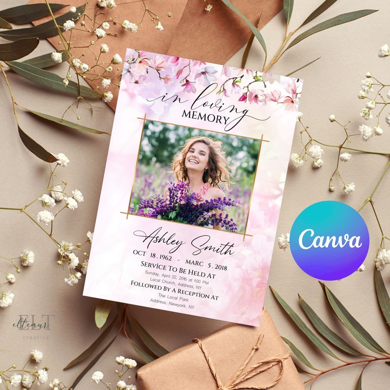Pink Floral Funeral Invitation Template: Celebration of Life (CANVA) - Etsy
