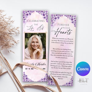 Purple Funeral Bookmark Template, Floral Bookmark Template , Editable ...