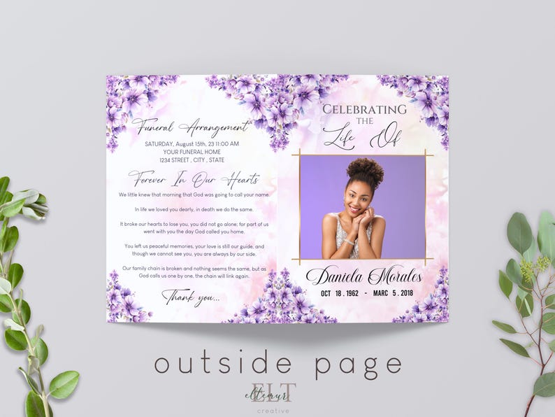 Purple Funeral Program Template Gold Frame Photo Obituary Program ...
