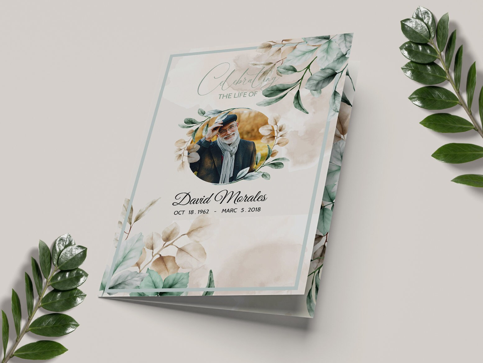 Bi Fold Greenery Funeral Thank You Program Template Editable - Etsy
