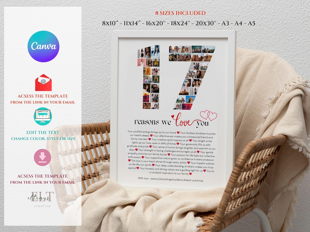 17 Reasons We Love You Poster With Collage Template, Printable 17th ...