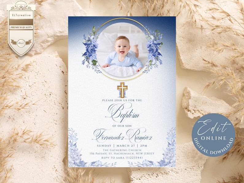 Blue & Gold Photo Baptism Invitation Template, Baby Blue Watercolor Christening Invite, Editable ...
